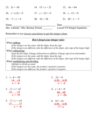 Lesson 9 8 integer equations | DOC