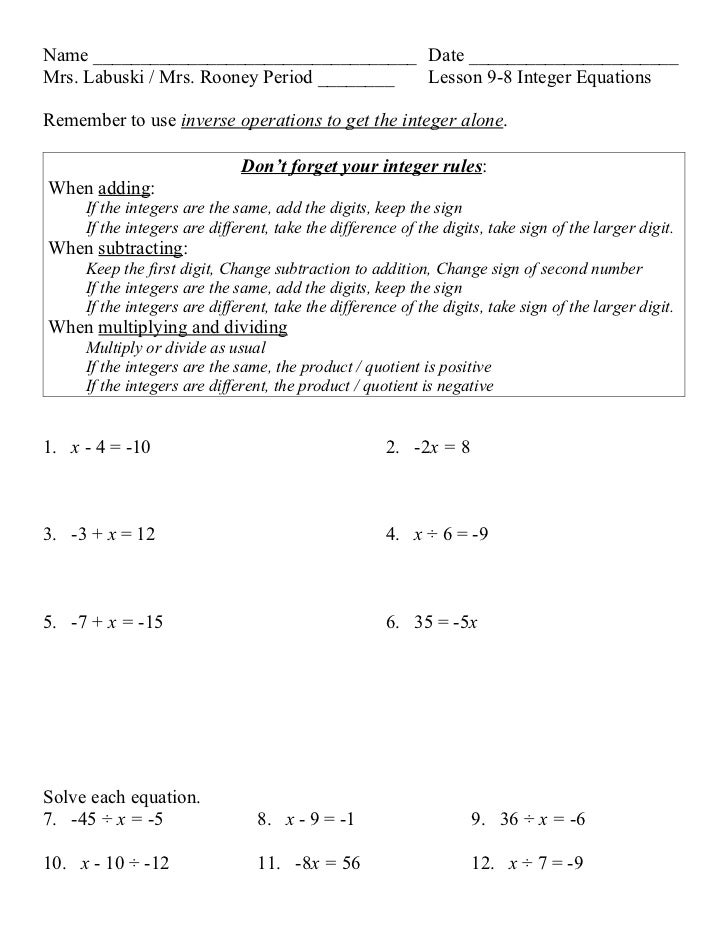 Lesson 9 8 integer equations