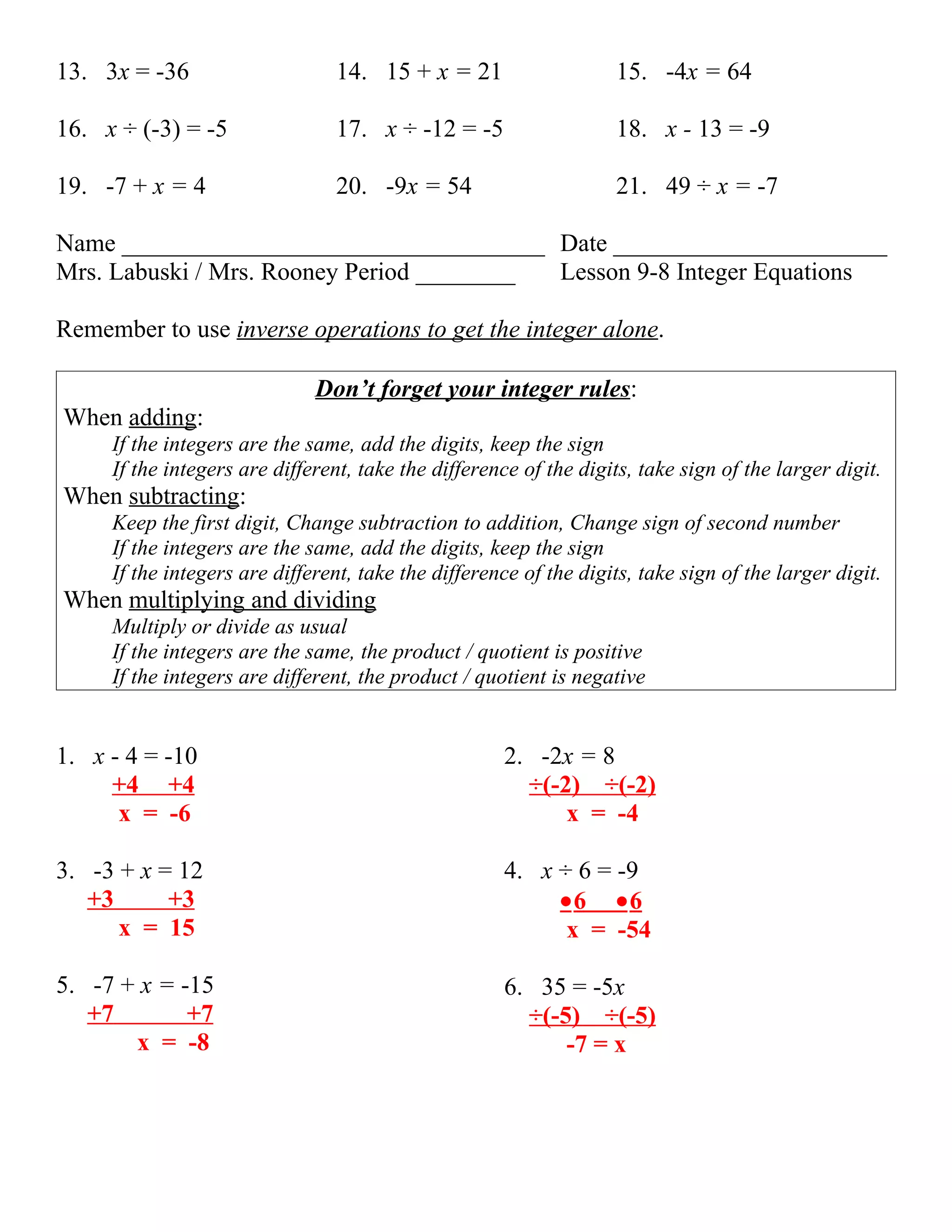 Lesson 9 8 integer equations | PDF