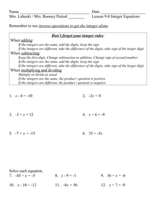 Lesson 9 8 integer equations | PDF