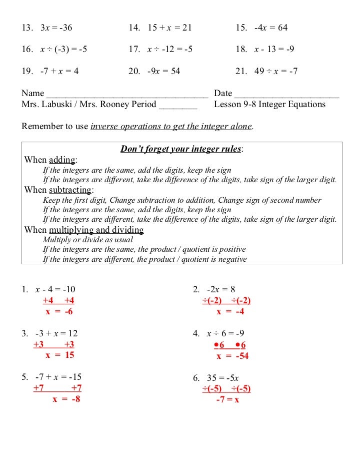 Lesson 9 8 integer equations