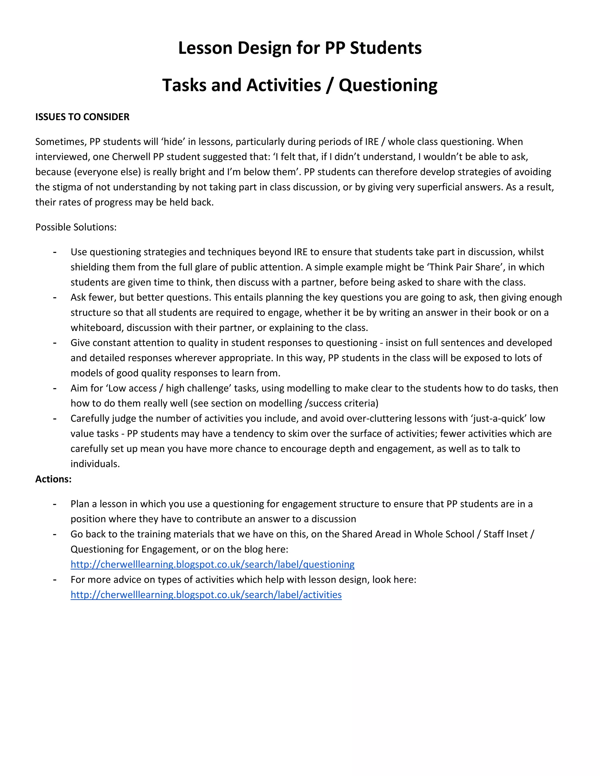 Lesson design for pp students activities - questioning | PDF