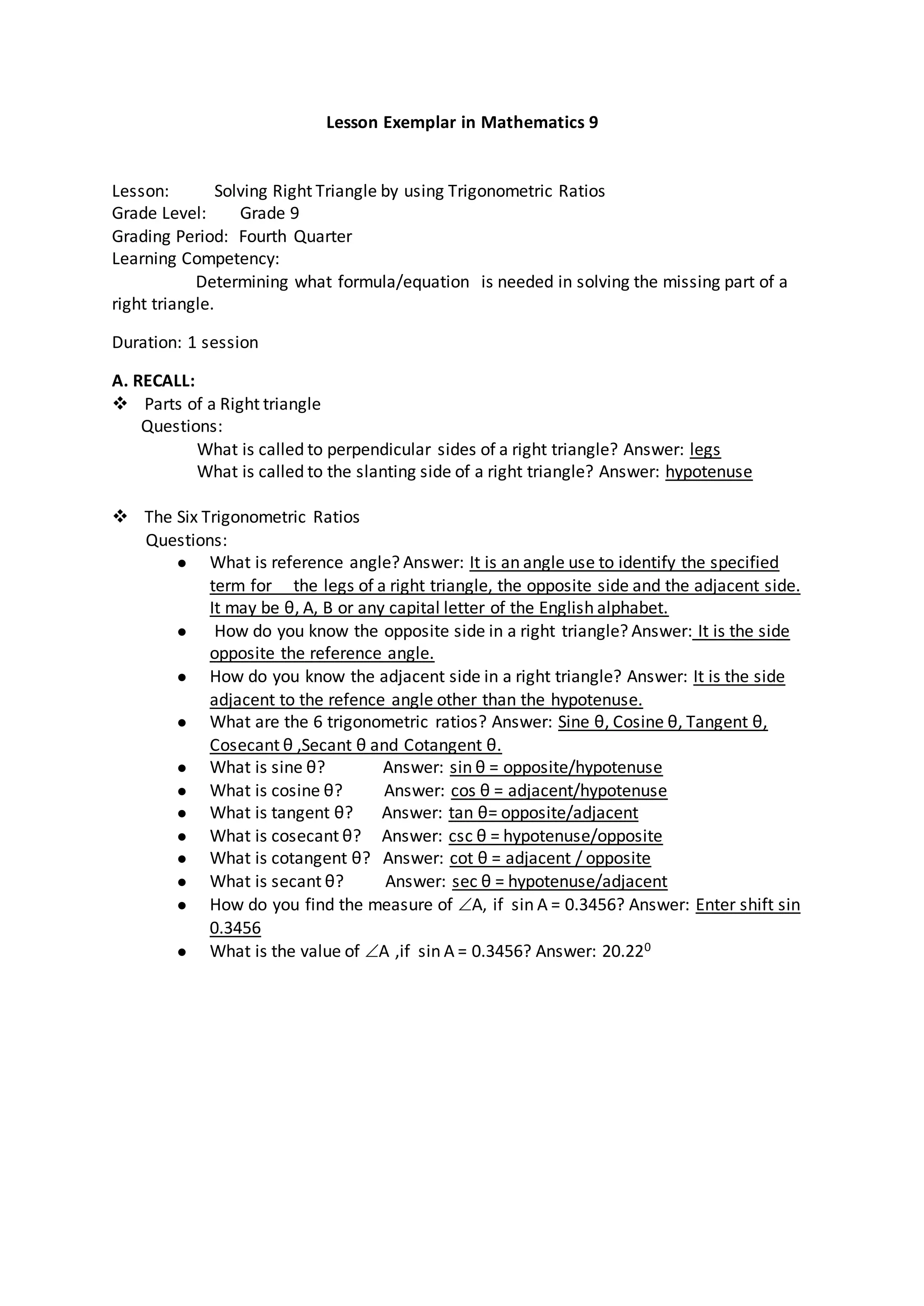 Lesson exemplar in writing the equation needed in solving the right ...