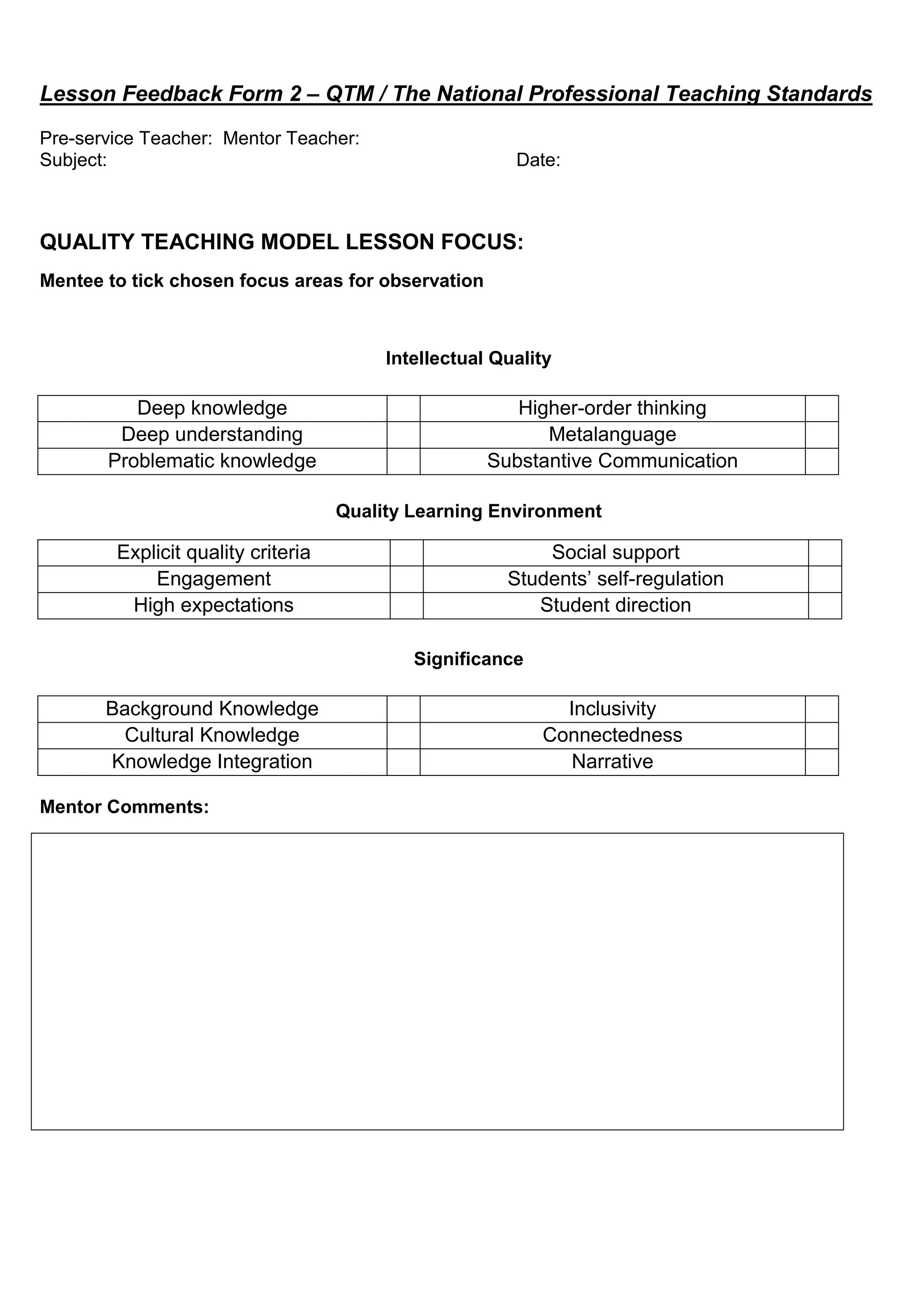 Lesson feedback form 1 and 2 | DOCX
