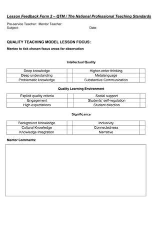 Lesson feedback form 1 and 2 | DOCX