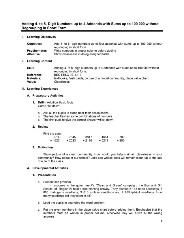 Lesson guide gr. 3 chapter i -addition v1.0 | PDF