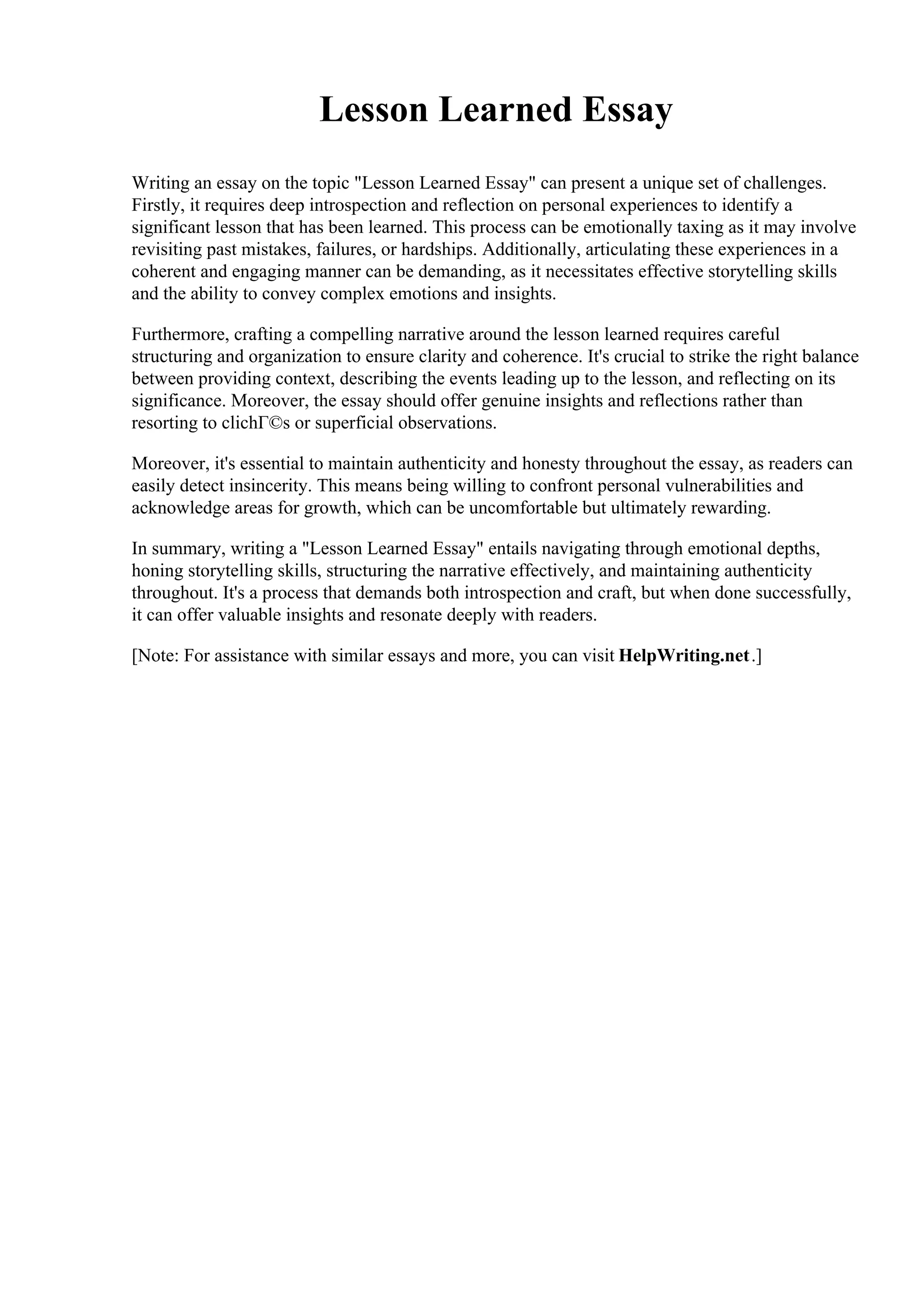 Lesson Learned Essay. Los Angeles Mission College | PDF