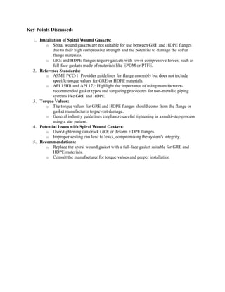 Lesson Learned for non metallic piping (HDPE) Gasket selection instead of spiral wounded | PDF