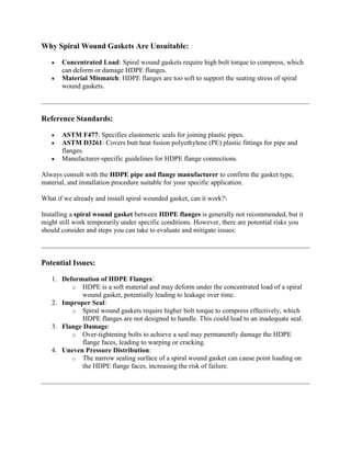 Lesson Learned for non metallic piping (HDPE) Gasket selection instead of spiral wounded | PDF