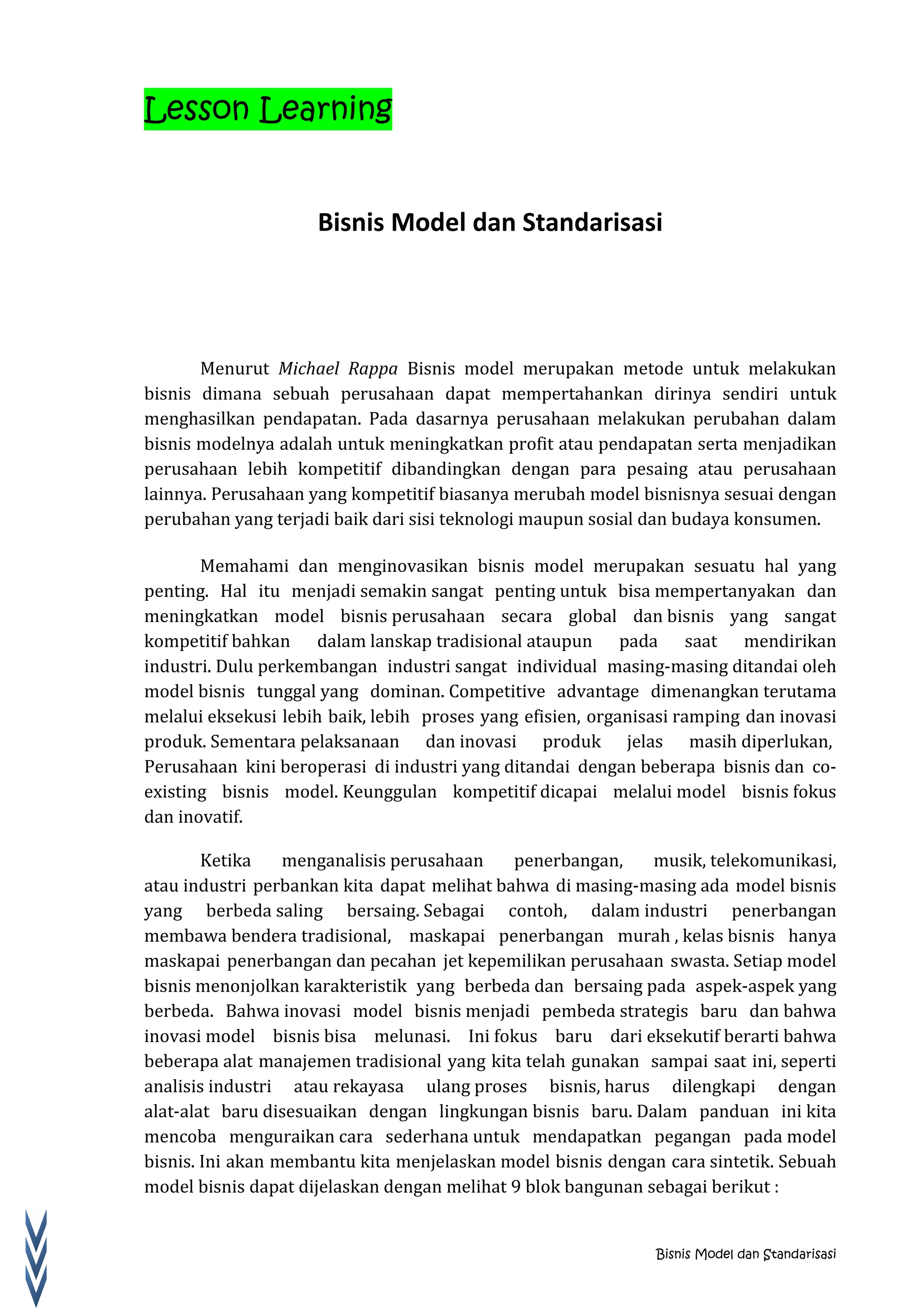 Lesson learning bisnis model dan standarisasi | DOC