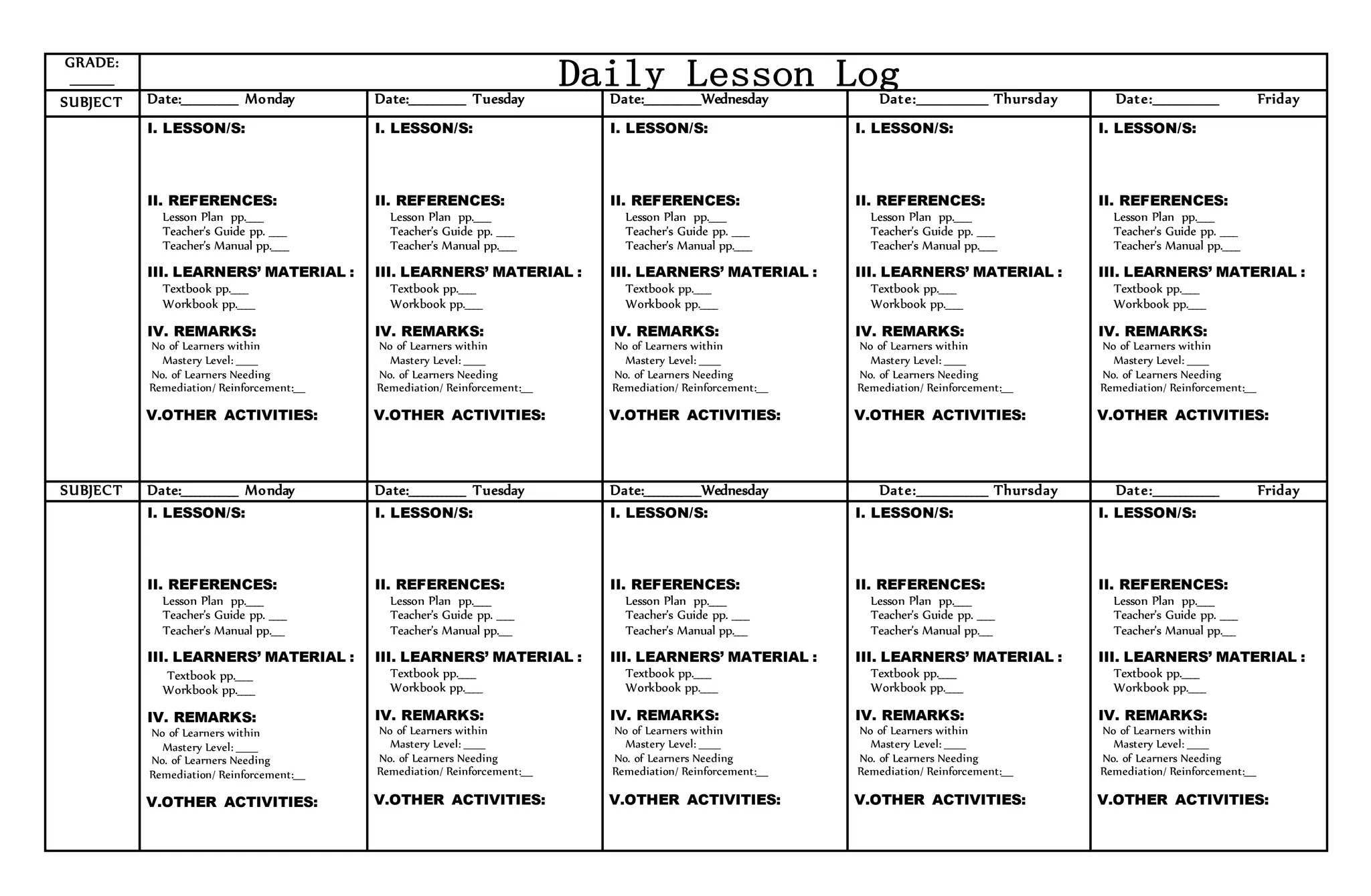 Daily Lesson log | DOCX