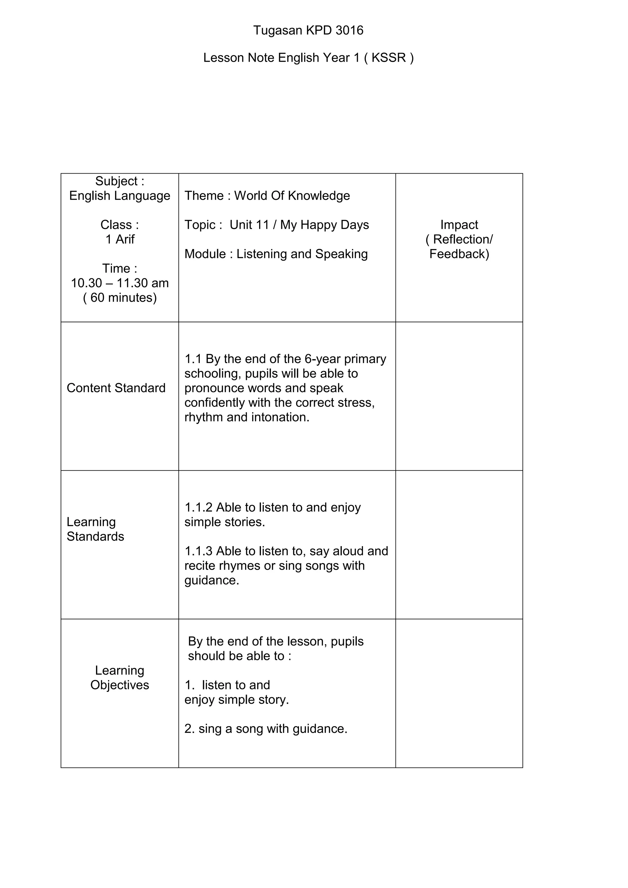 Lesson note kpd3016 | DOCX | Education