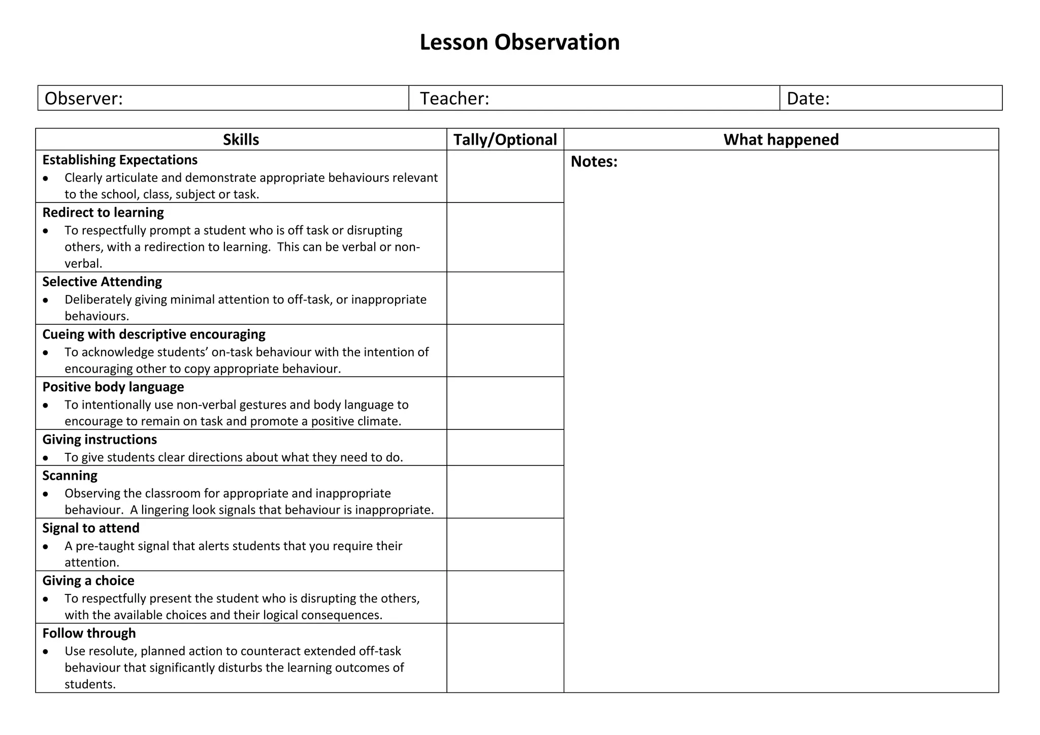 Lesson observation 10 essential skills | DOCX