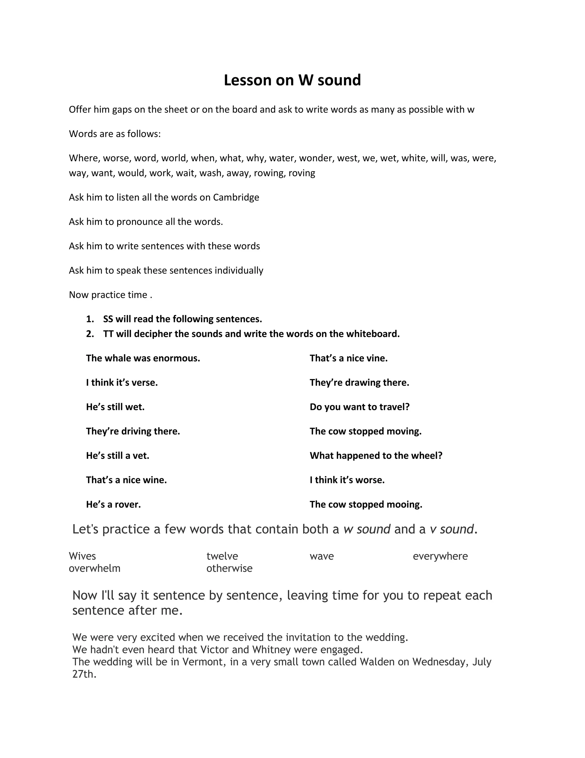 Lesson on w sound | DOCX