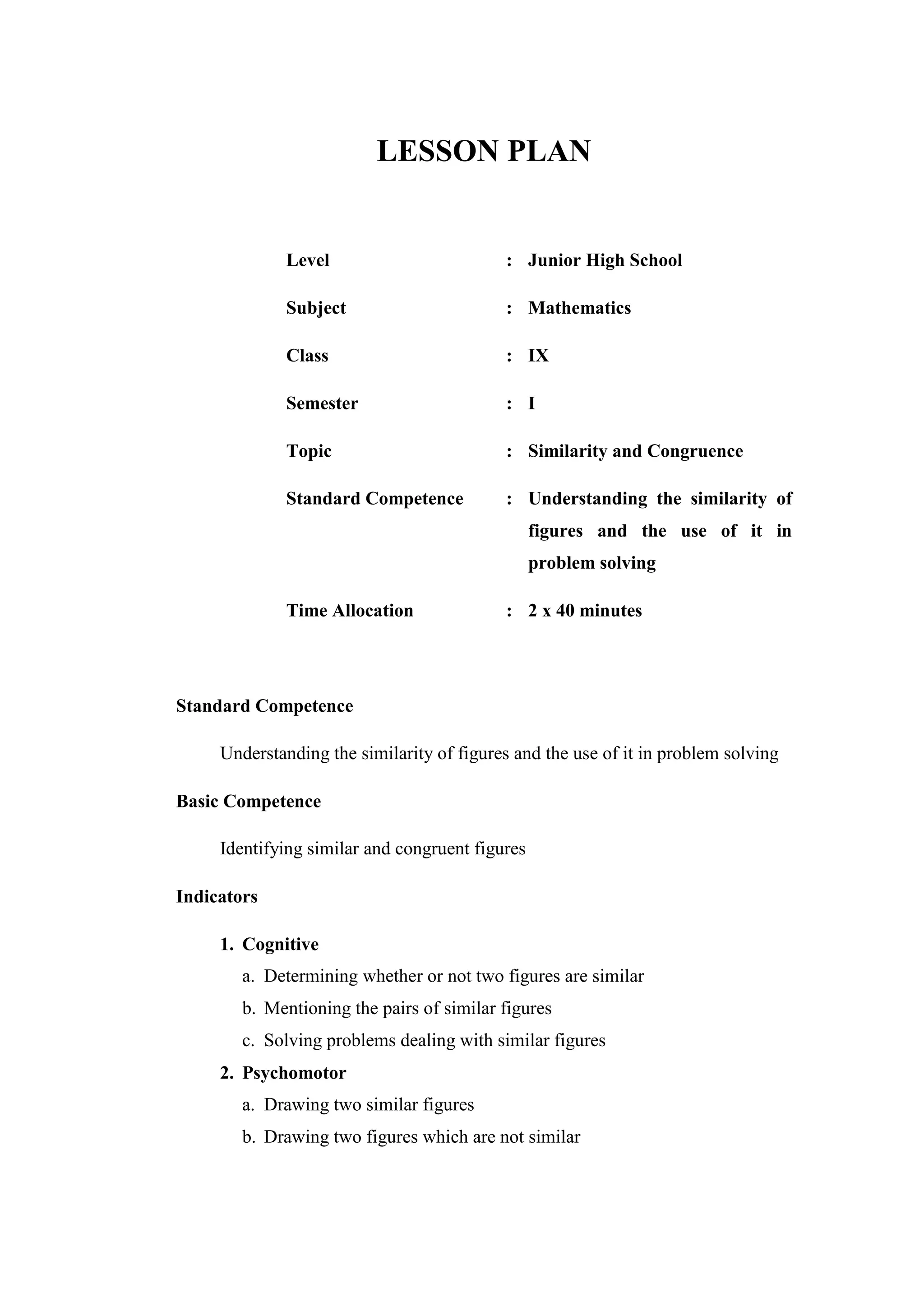 Lesson plan Congruence and Similarity | DOCX
