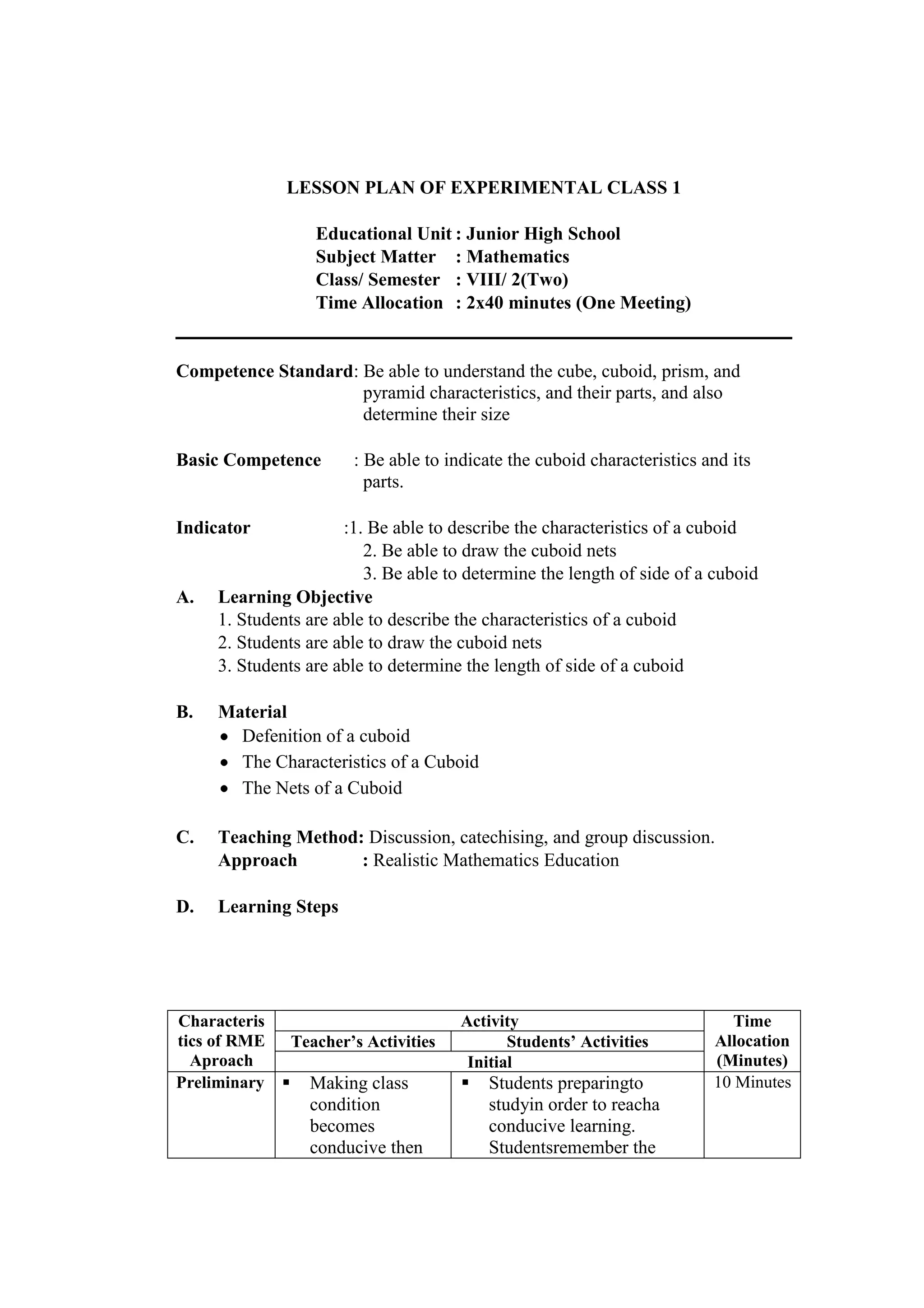 Lesson plan of experimental and control class | DOCX