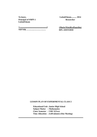 Lesson plan of experimental and control class | DOCX