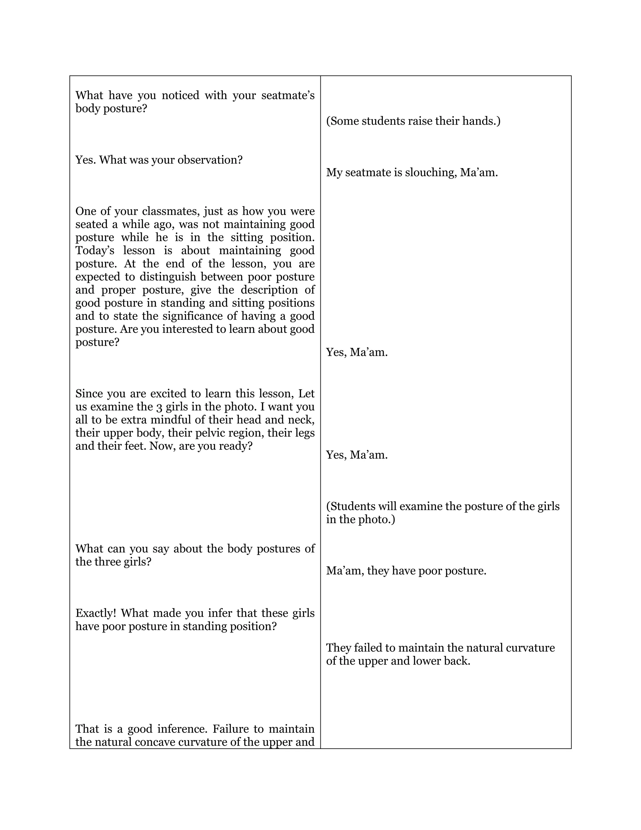 Lesson plan on good posture | DOCX