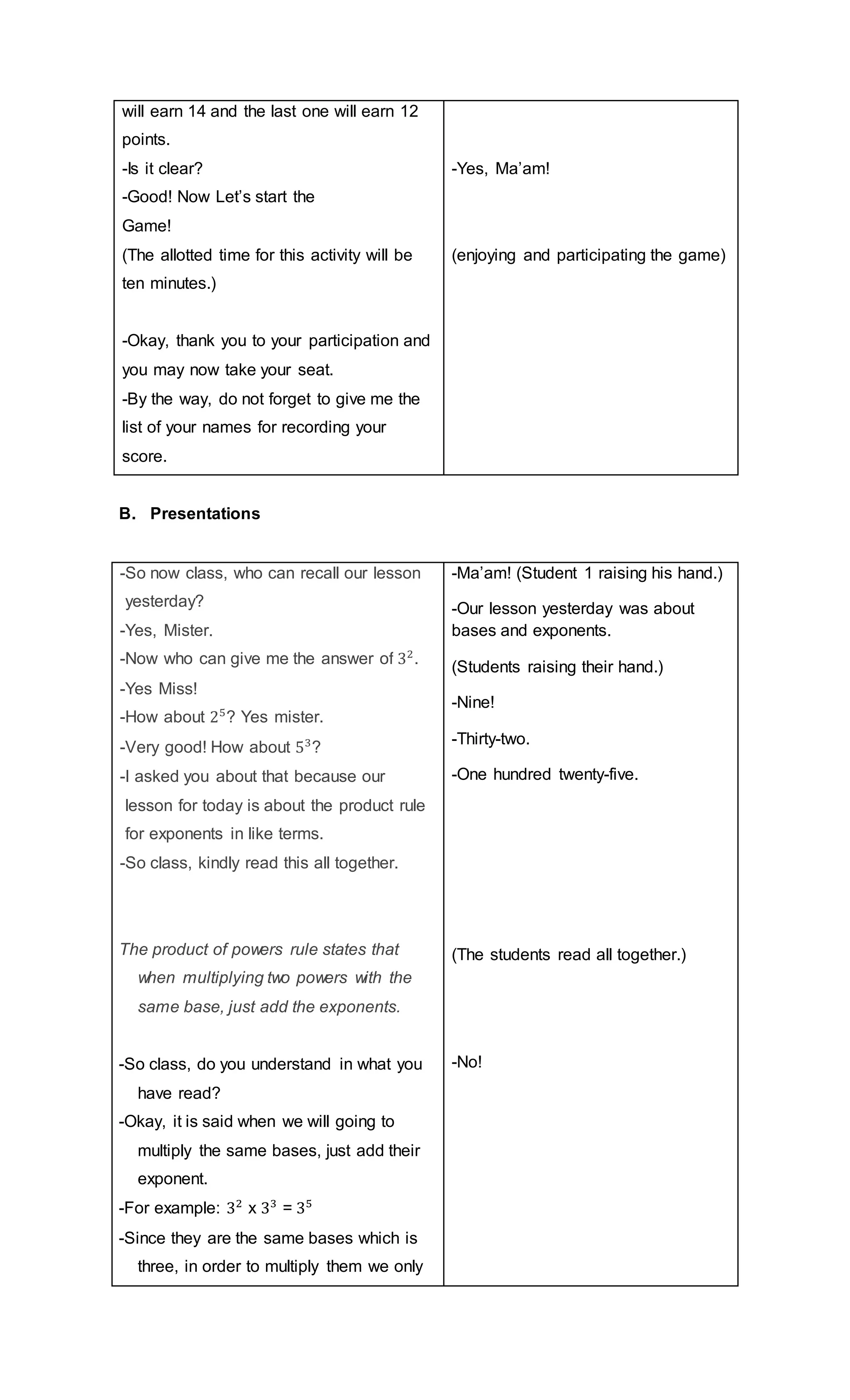 Detailed Lesson plan of Product Rule for Exponent Using the Deductive ...
