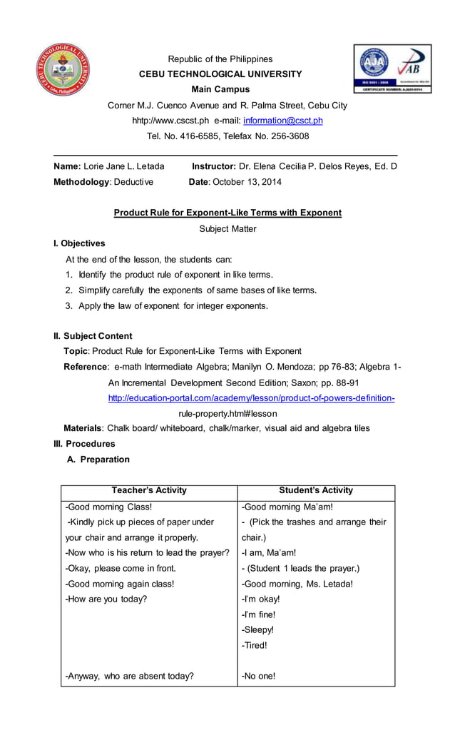 Detailed Lesson plan of Product Rule for Exponent Using the Deductive ...