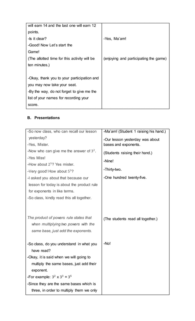 Detailed Lesson plan of Product Rule for Exponent Using the Deductive ...