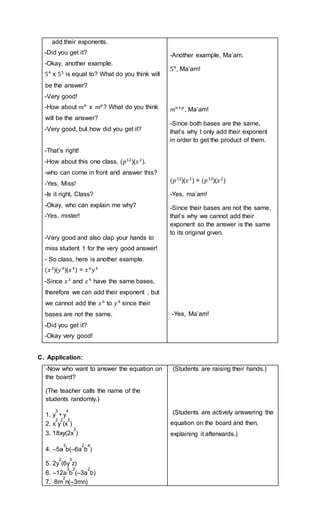 Detailed Lesson plan of Product Rule for Exponent Using the Deductive ...