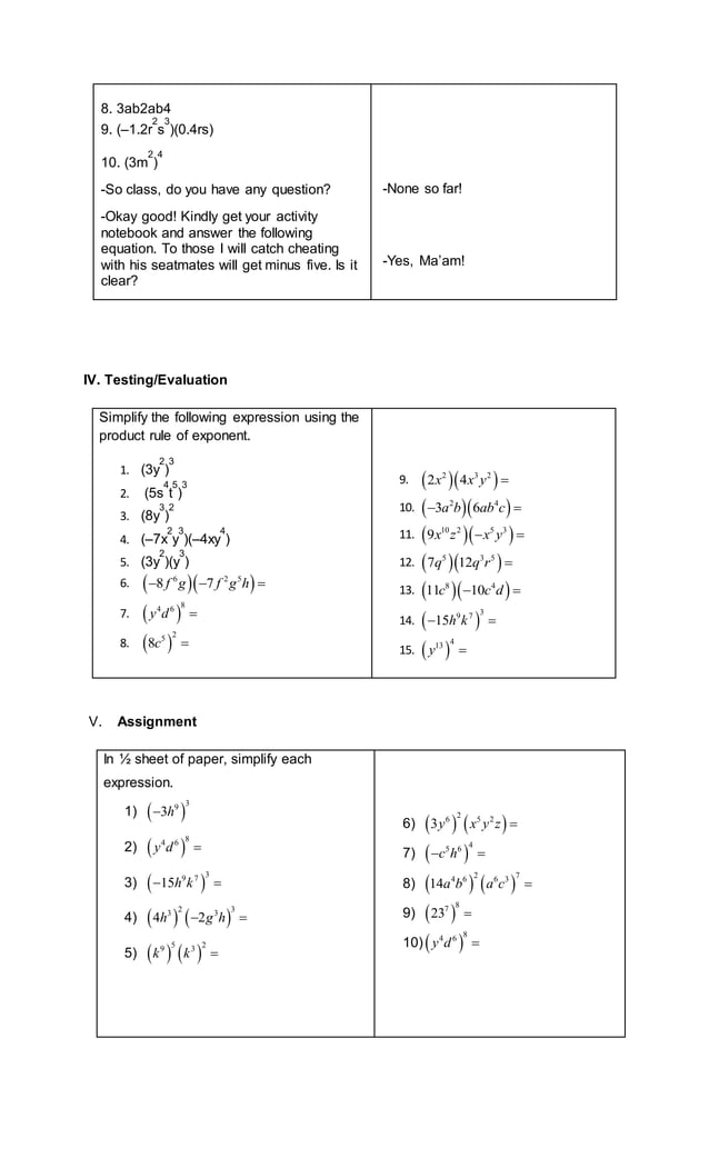 Detailed Lesson plan of Product Rule for Exponent Using the Deductive ...