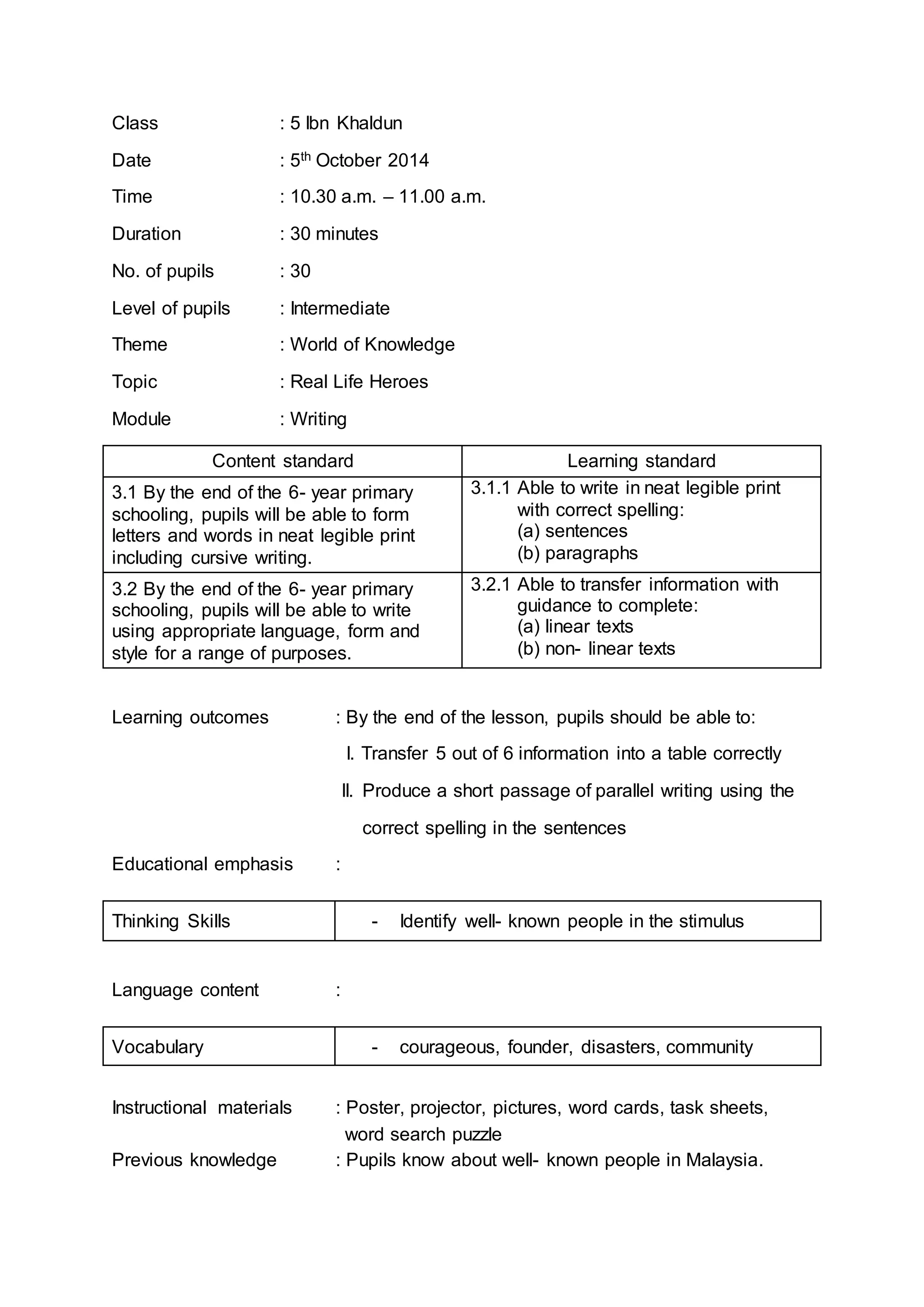 Lesson plan Year 5 (Writing) | DOCX