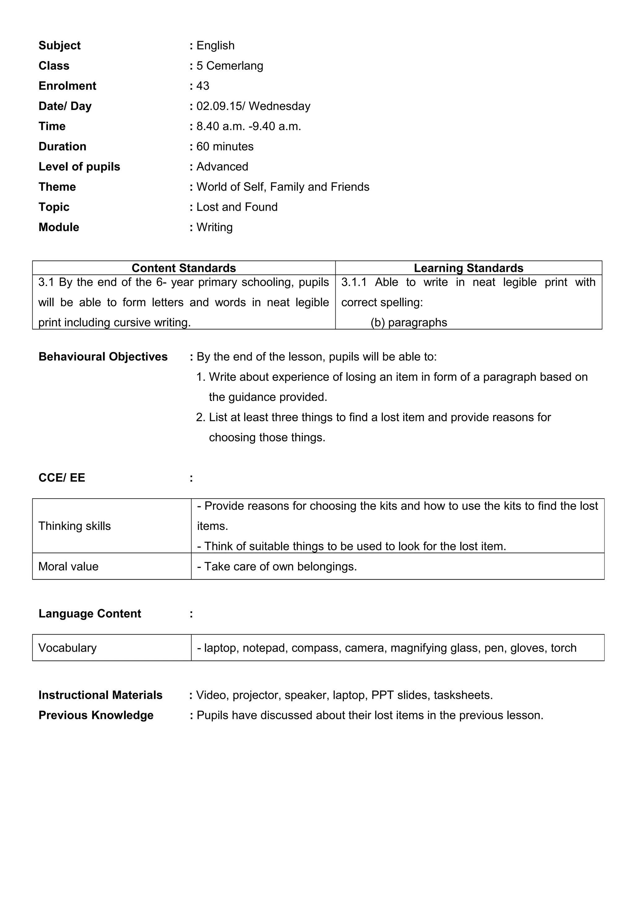 Lesson plan Year 5 | DOC