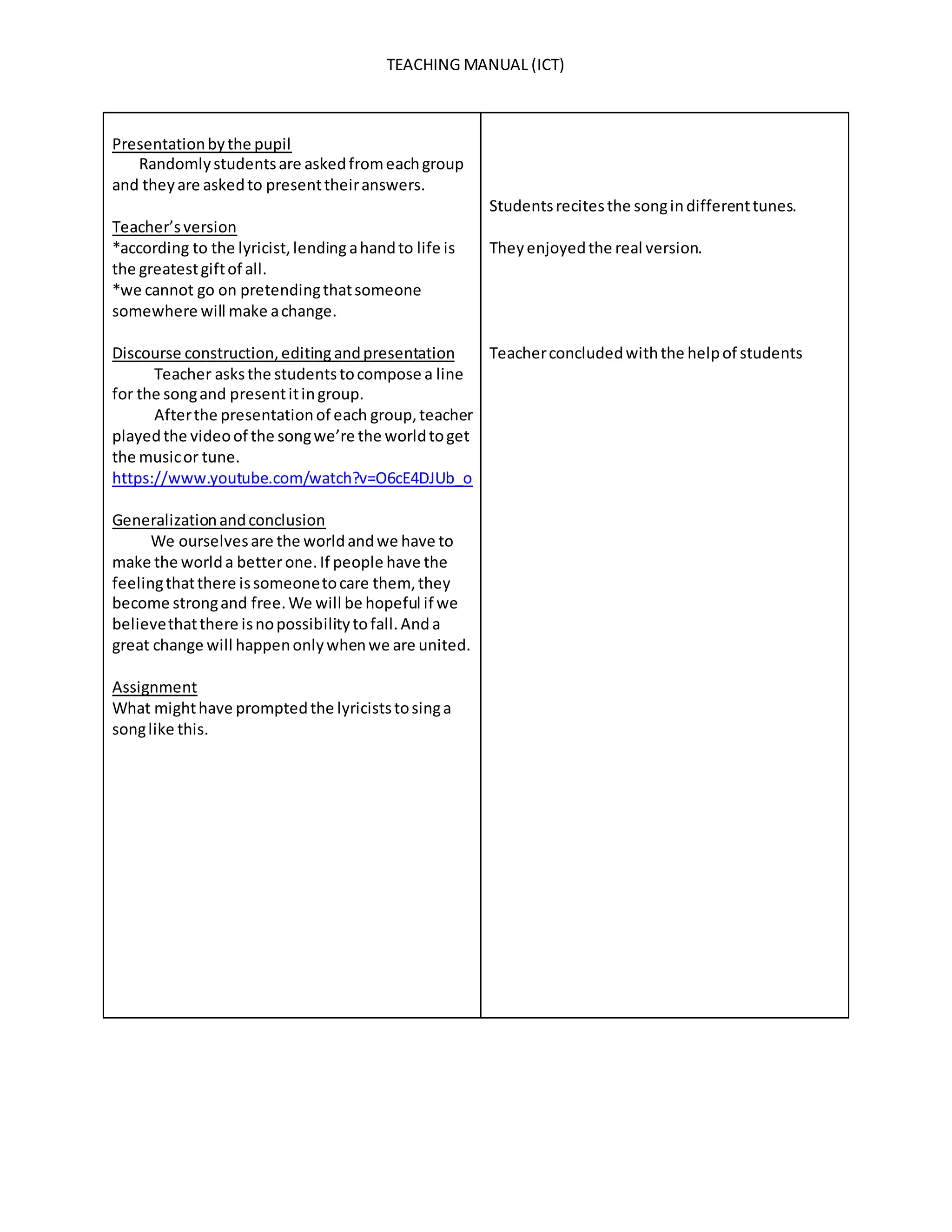 CREATIVE LESSON PLAN (WE ARE THE WORLD) | DOCX