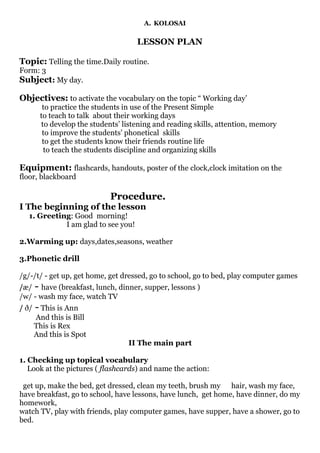 Lesson plan Telling the time.Daily routine. 3-rd form | DOC