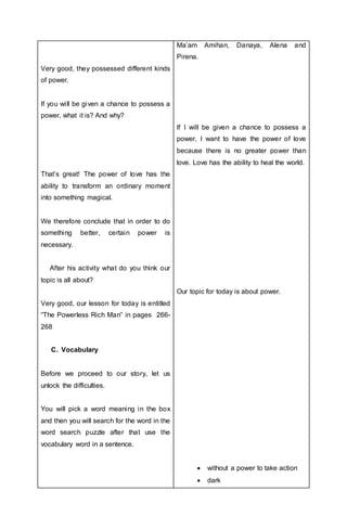 Lesson plan Grade 9 The Powerless Rich Man by CEDI | DOCX