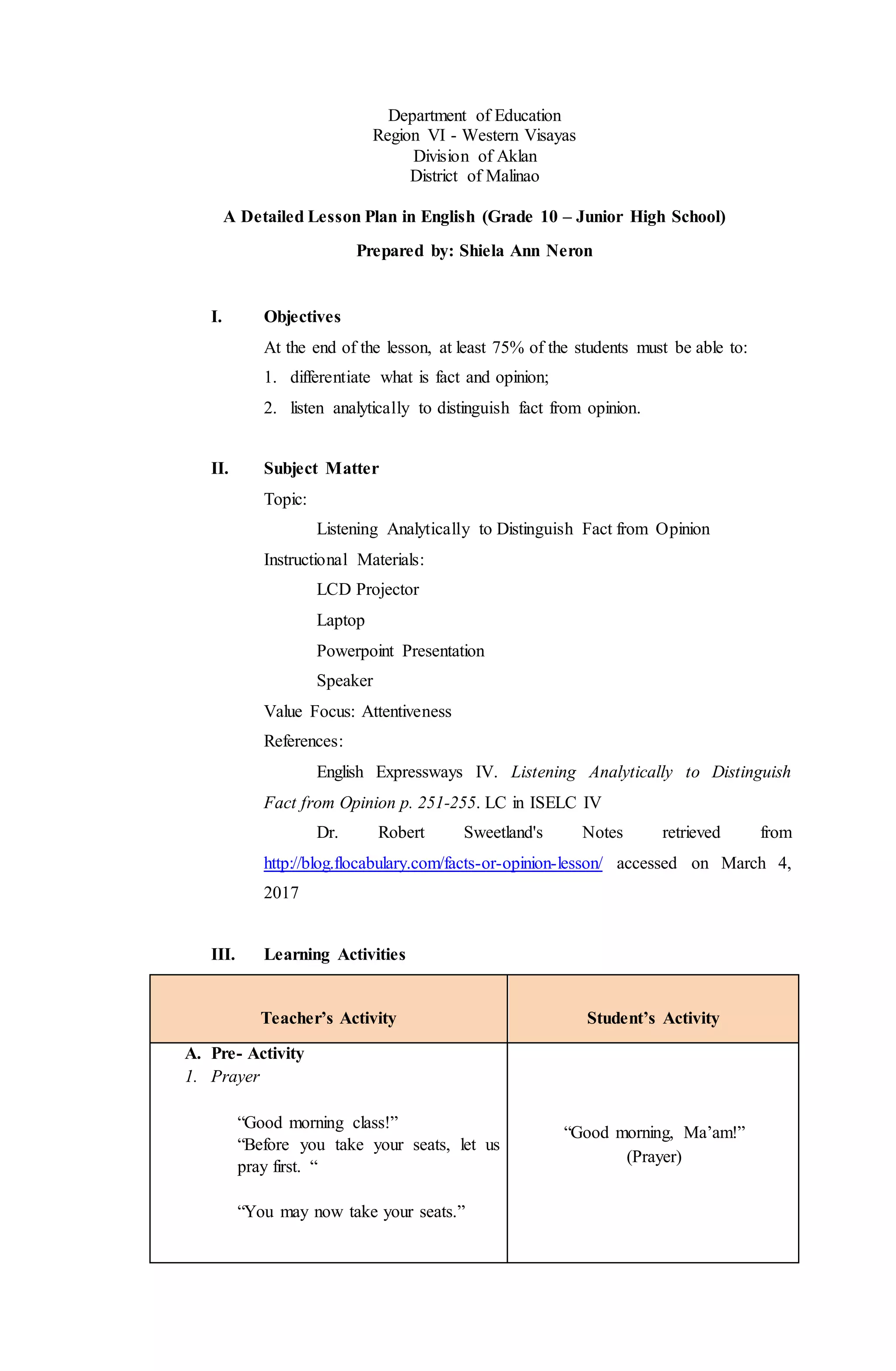 Detailed Lesson Plan in Fact and Opinion | DOCX