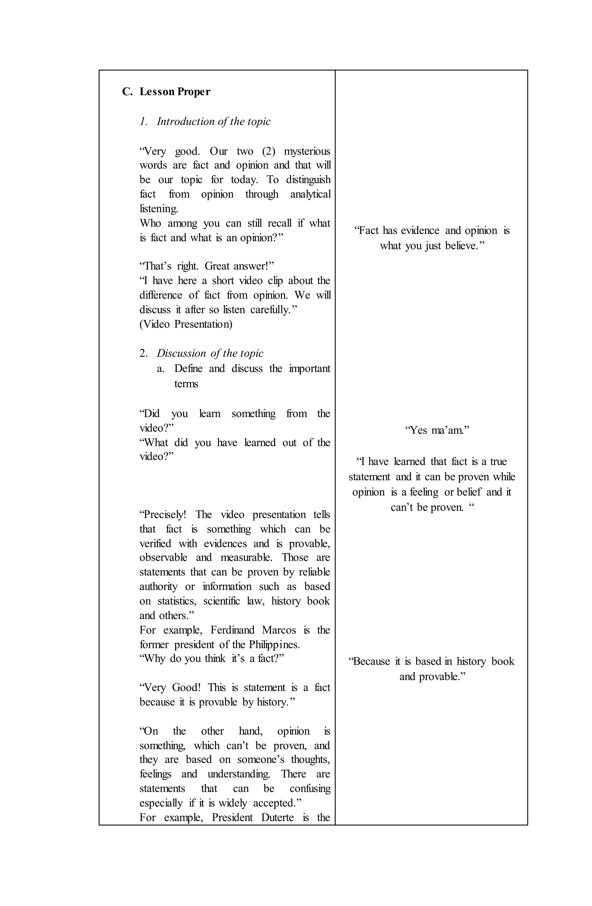 Detailed Lesson Plan in Fact and Opinion | DOCX