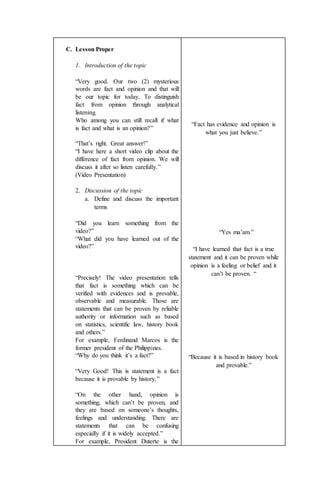 Detailed Lesson Plan in Fact and Opinion | DOCX