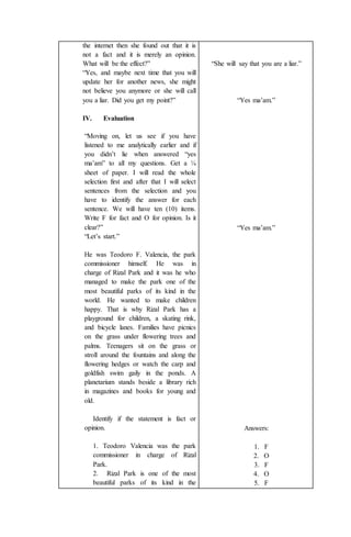 Detailed Lesson Plan in Fact and Opinion | DOCX