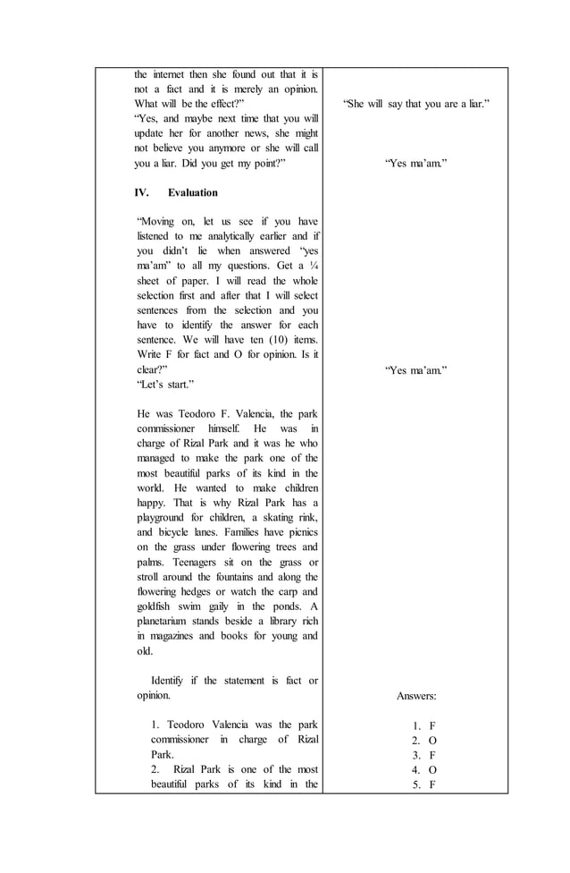 Detailed Lesson Plan in Fact and Opinion | DOCX