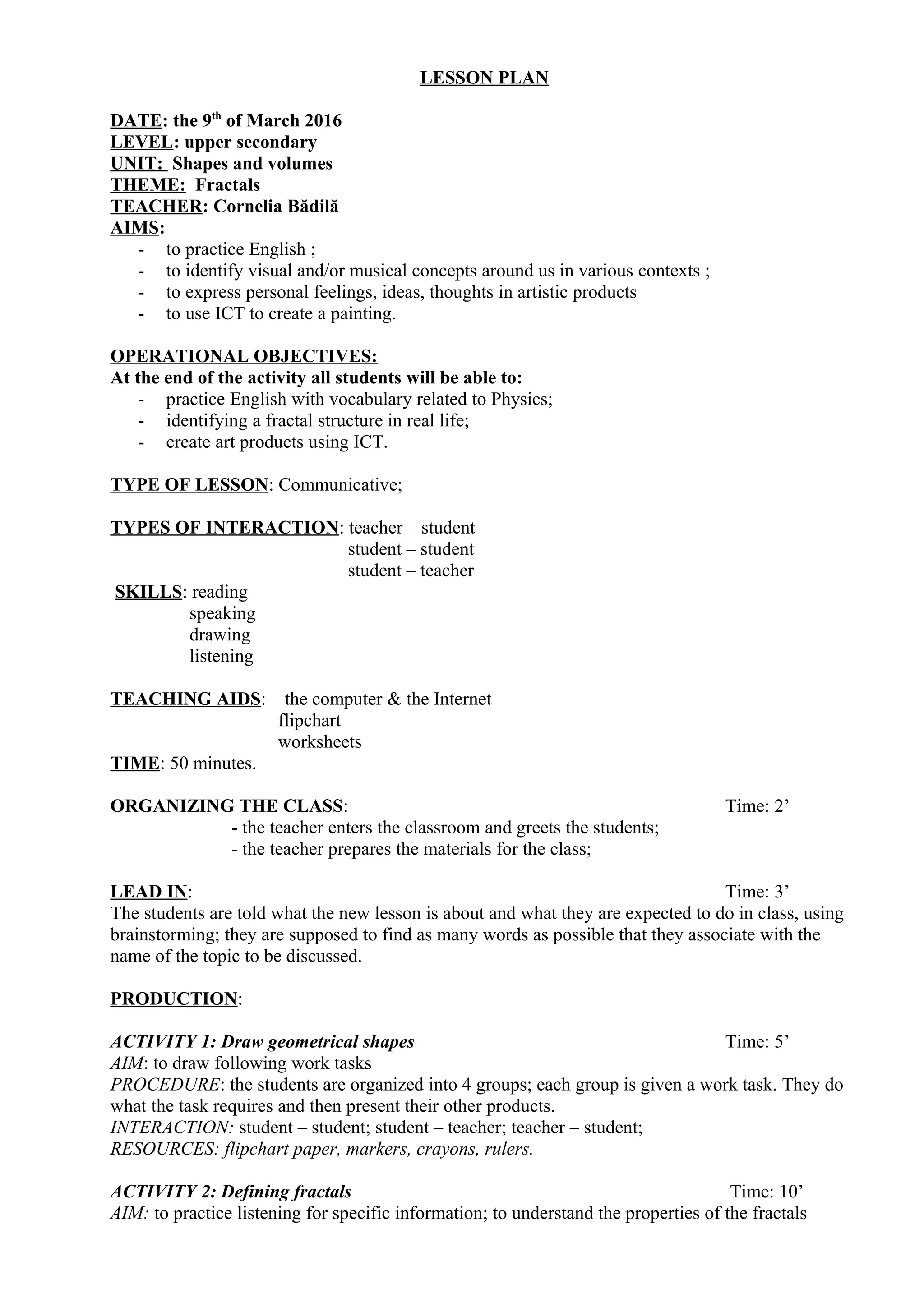 Lesson plan fractals | DOC