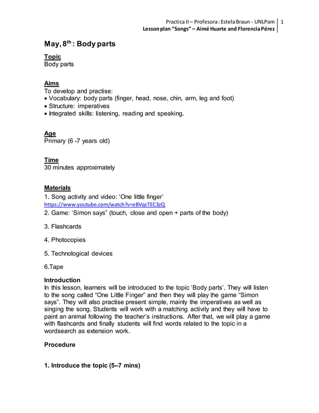 Lesson plan on "One Little Finger" song | DOCX
