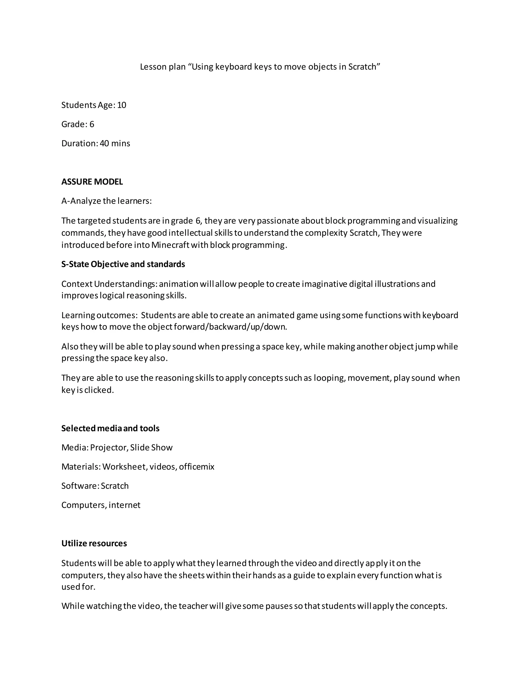 Scratch Lesson plan for Grade 1 | DOCX