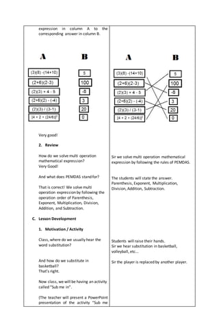 Lesson plan-advanced algebra Grade 7 | PDF