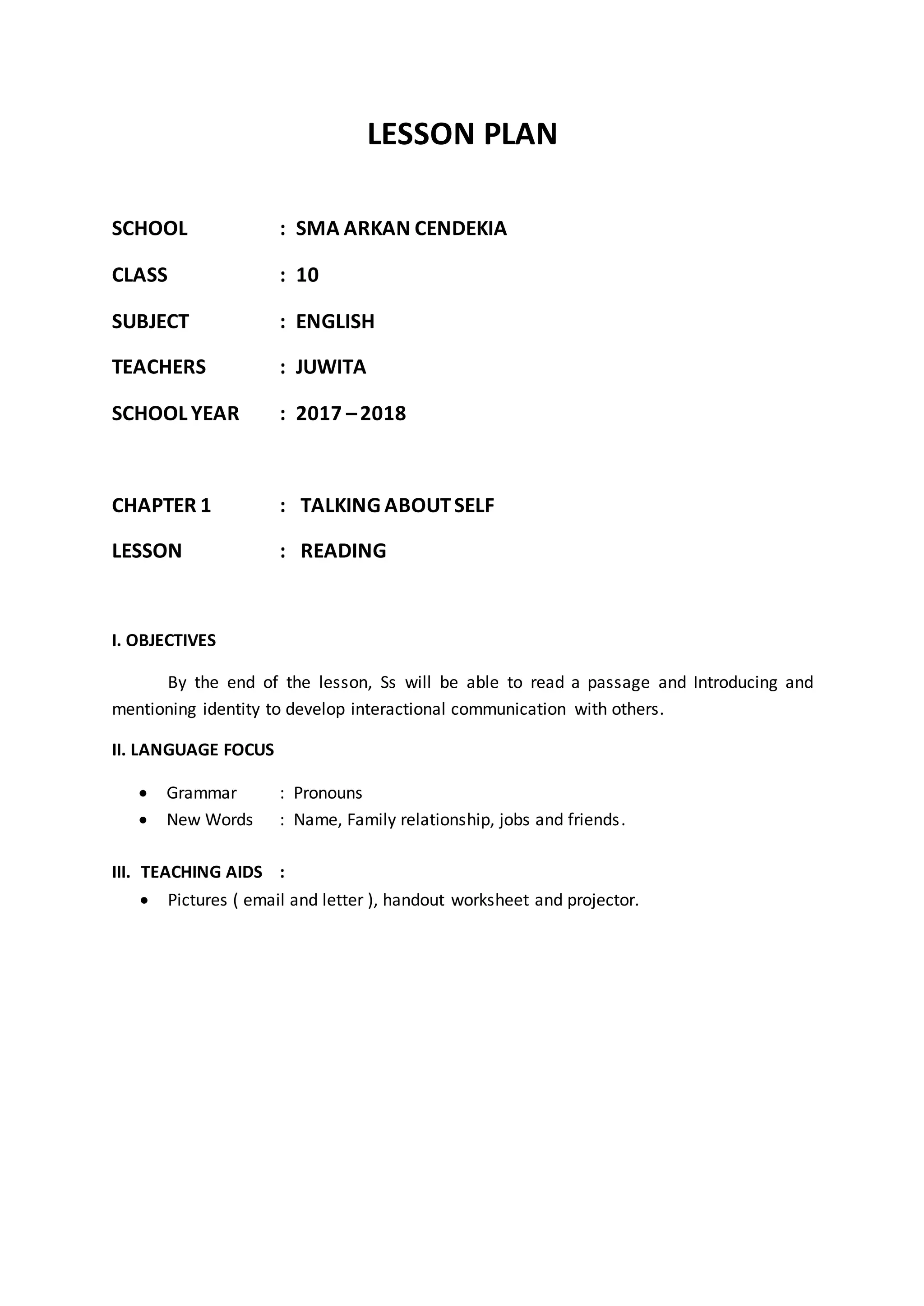 Lesson Plan : Reading | PDF