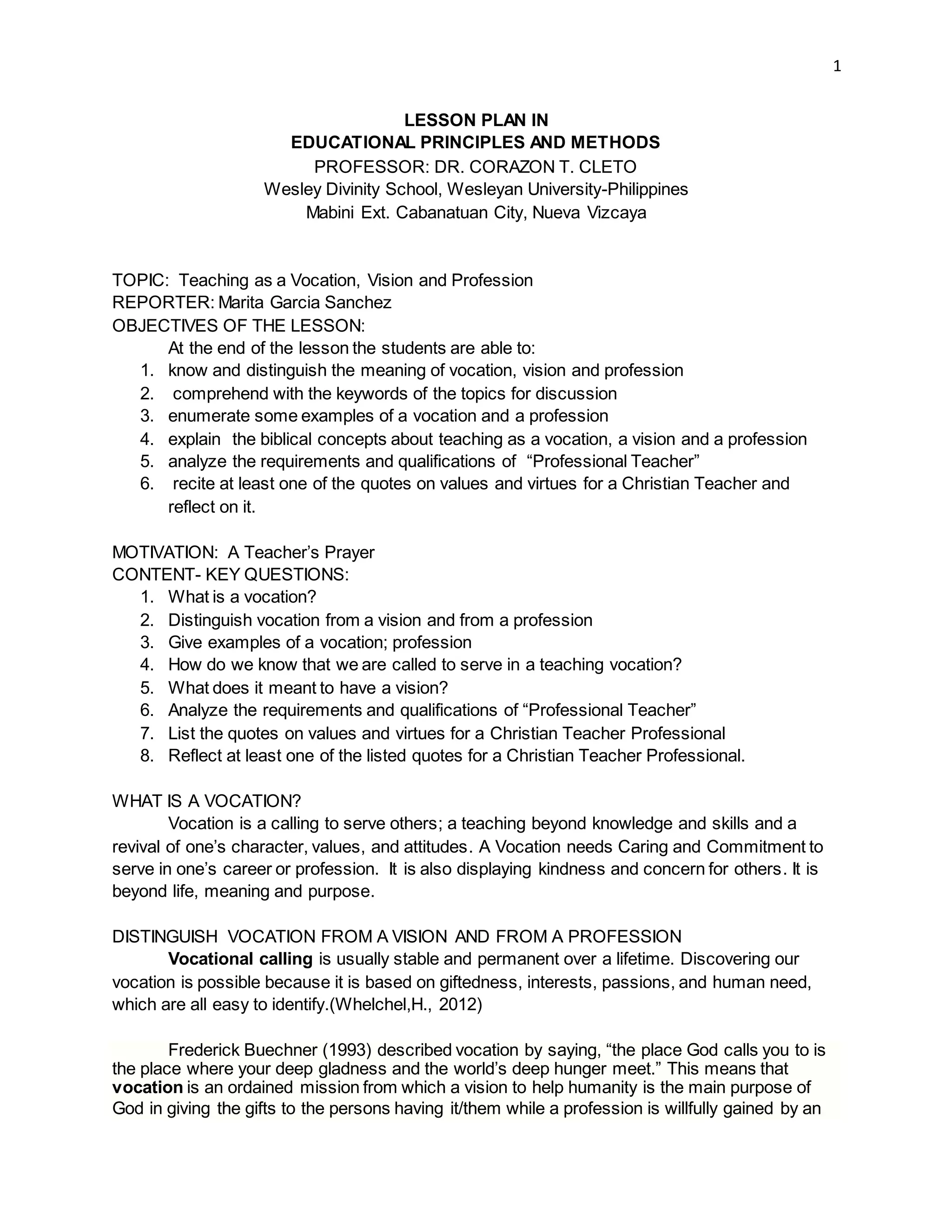 Lesson Plan in "Teaching as a Vocation, Vision and Profession | DOCX