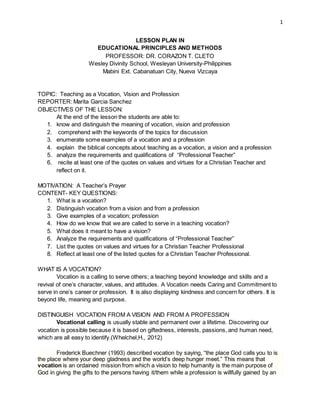 Lesson Plan in "Teaching as a Vocation, Vision and Profession | DOCX