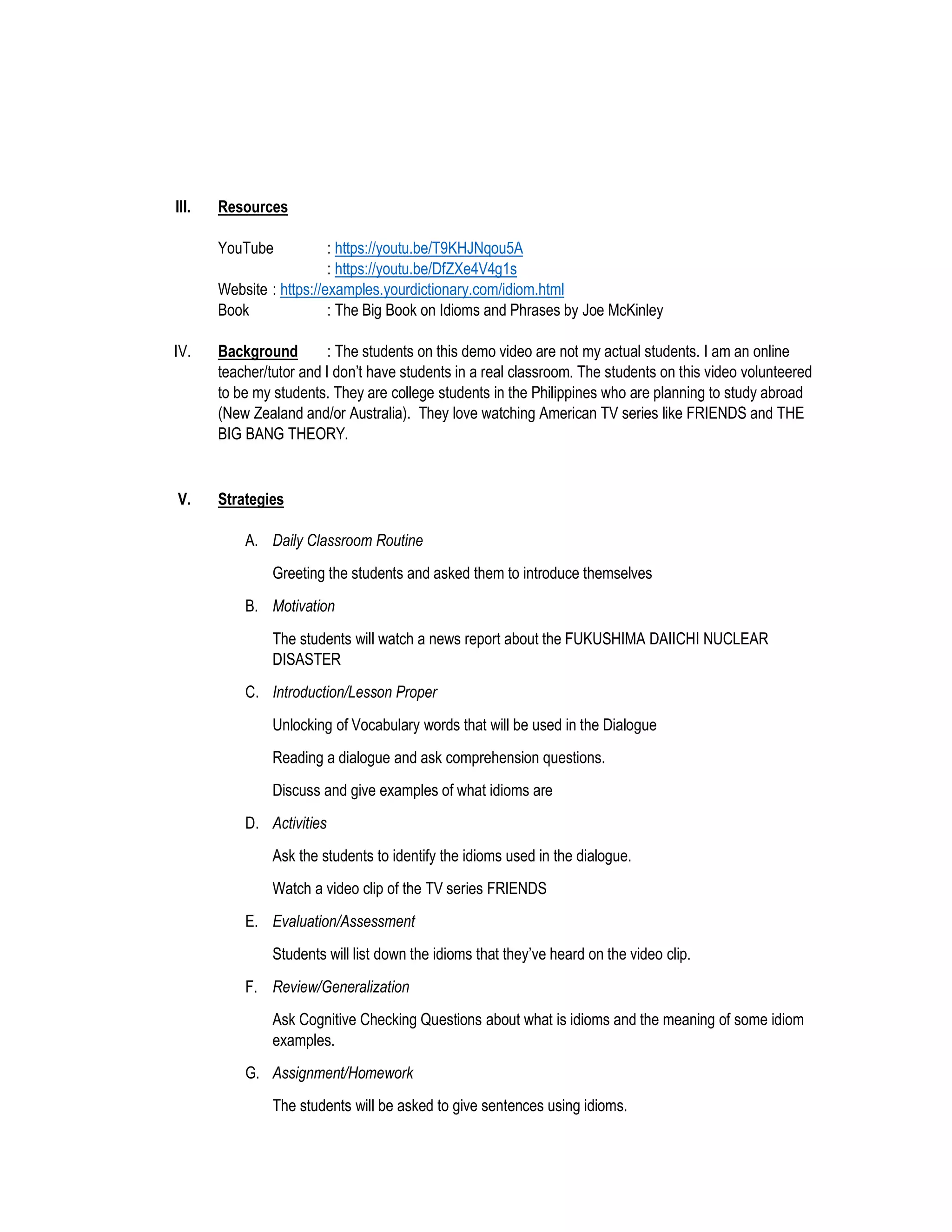 Lesson plan Part 1 for TESOL | PDF