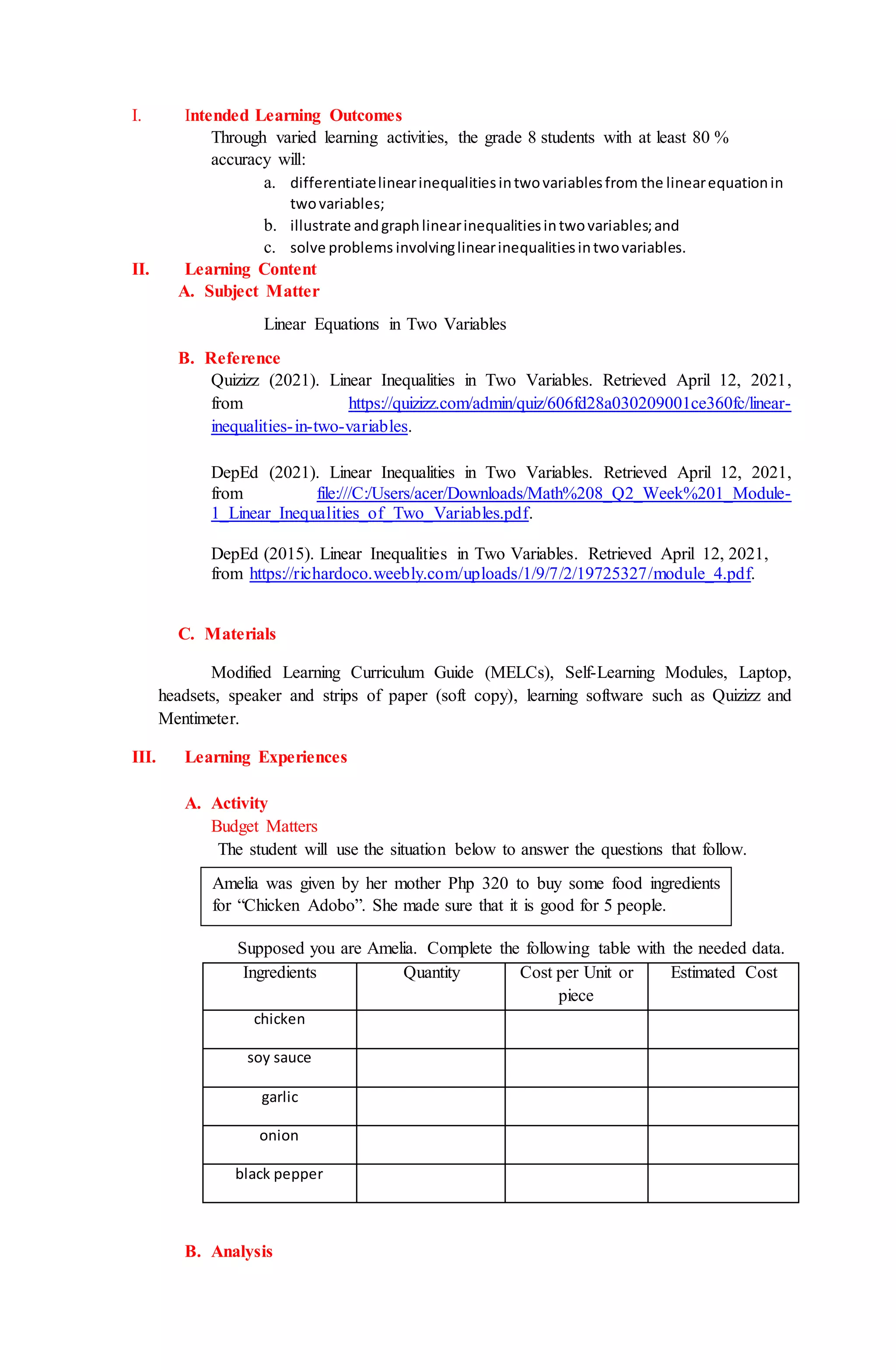 Lesson plan on Linear inequalities in two variables | DOCX