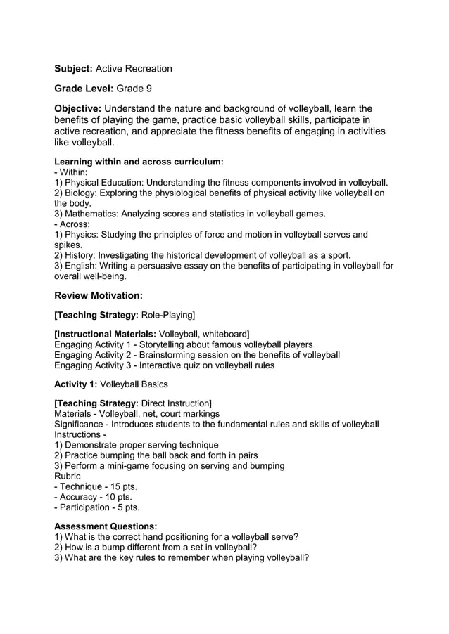 Lesson plan for mapeh 9.Active Recreation | DOCX
