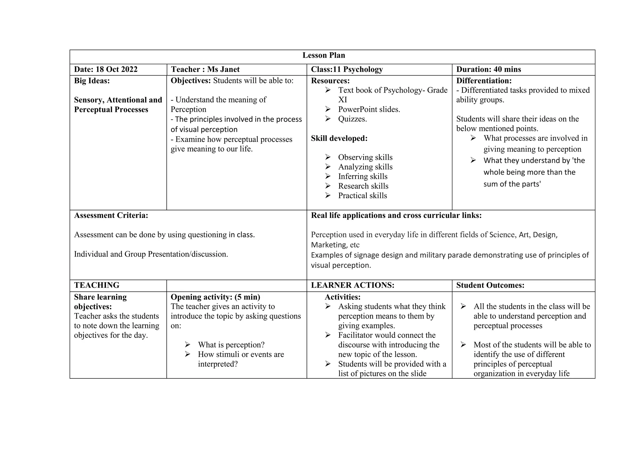 Lesson Plan -Ch 5 Sensory, Attentional and Perceptual Processes.docx