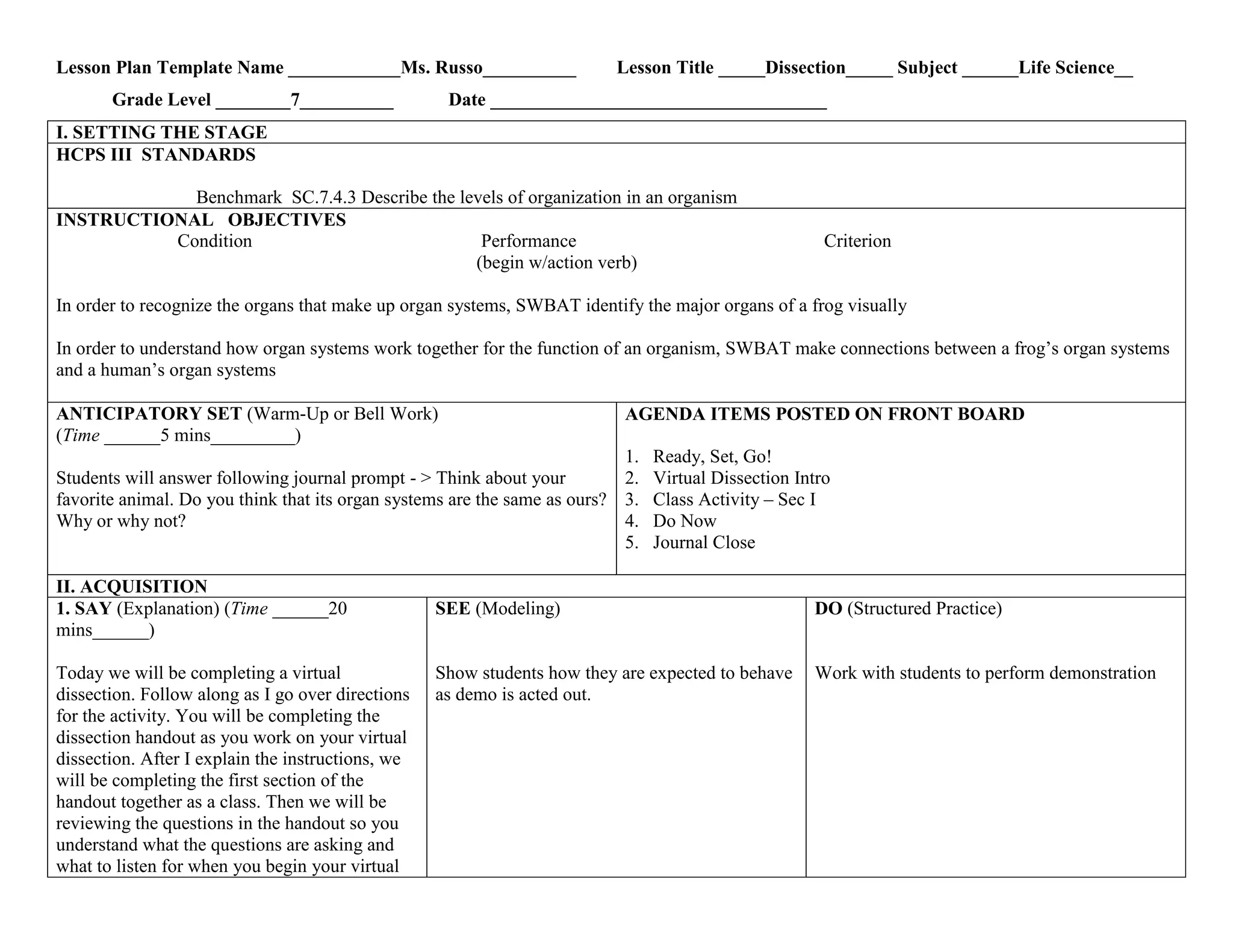 Lesson Plan Dissection | DOCX