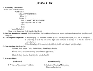 Comprehensive Lesson Plan on Divisibility Rules for Grade 6 Mathematics ...